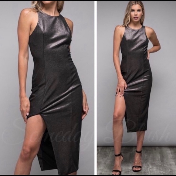 Dresses | New Black Metallic Side Slit Midi Dress Racerback | Poshmark